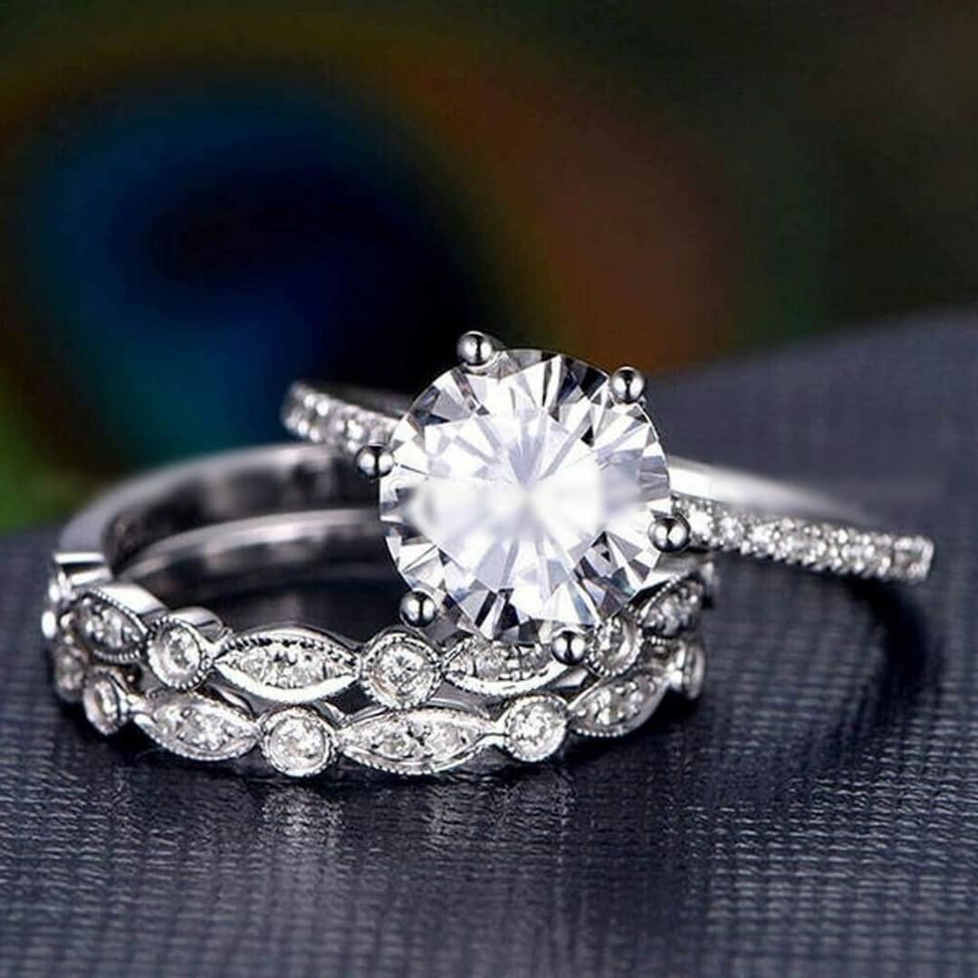 3.38CT Round Cut Diamond Trio Ring Set / Three Piece Diamond Ring Set ...