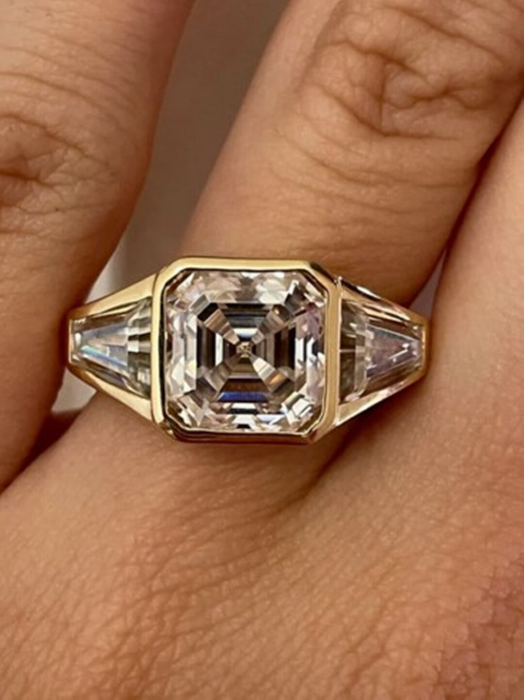 Center Asscher & Side Tapper Baguette Diamond Ring / Bezel Set Three ...