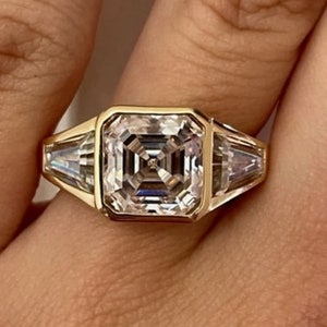 Center Asscher & Side Tapper Baguette Diamond Ring / Bezel Set Three ...