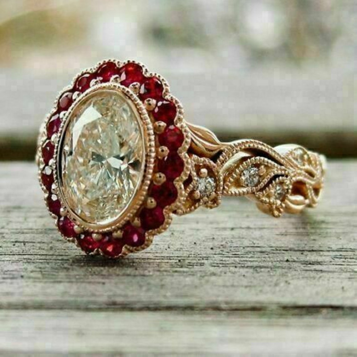 8*6MM Oval With Round Ruby CZ Stone Antique Art Deco Engagement Ring ...