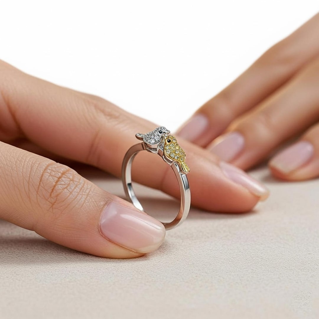 Two Love Birds Ring, Lovable Sparrow Bird Ring, Round CZ Stone Two Tone ...
