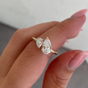 Double Tear Drop Ring / Two Pear Cut Diamond Engagement Ring / Two Stone Toi Et Moi Ring ...