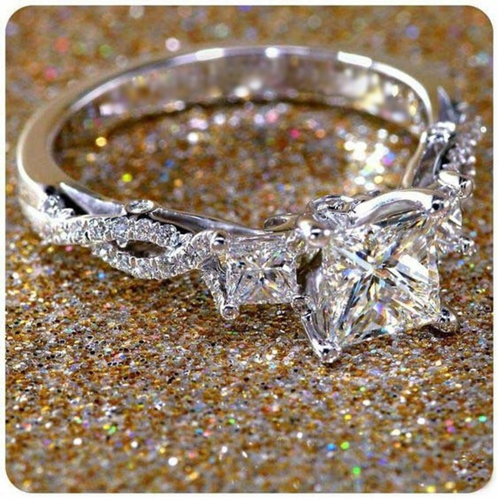 Charming Three Princess & Round Cut Diamond Ring / Twisted | Etsy