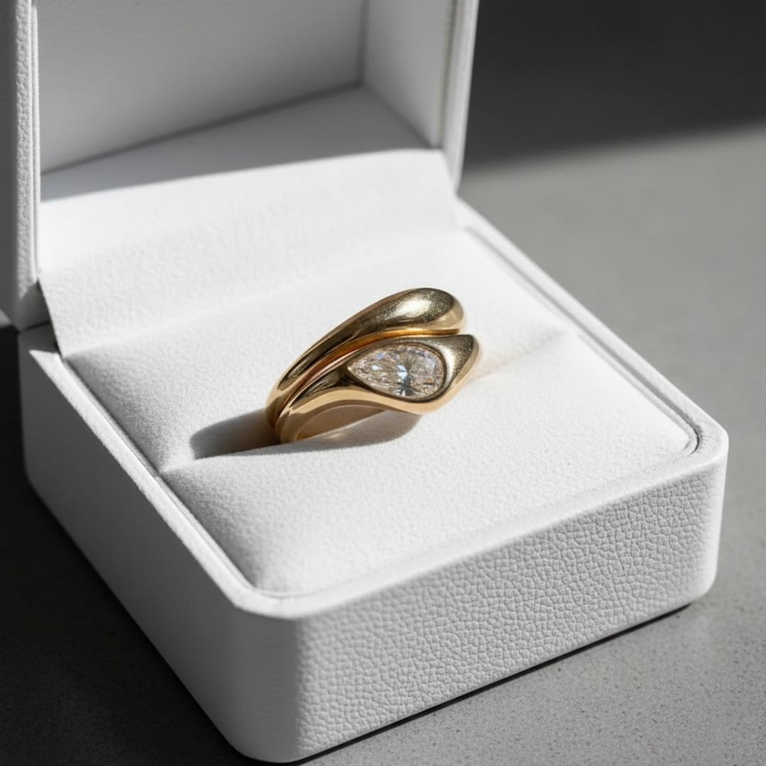Flush Set Teardrop Ring, 14K Gold Bridal Ring Set, Dome Style Solitaire ...