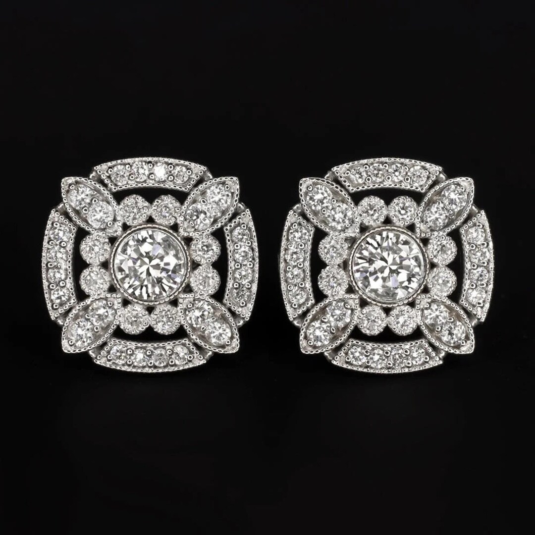 Round Cut CZ Stone Stud Earring, Vintage Style Milgrain Stud Earring ...