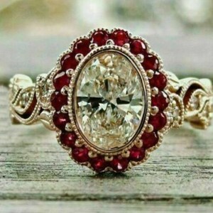 8*6MM Oval With Round Ruby CZ Stone Antique Art Deco Engagement Ring ...
