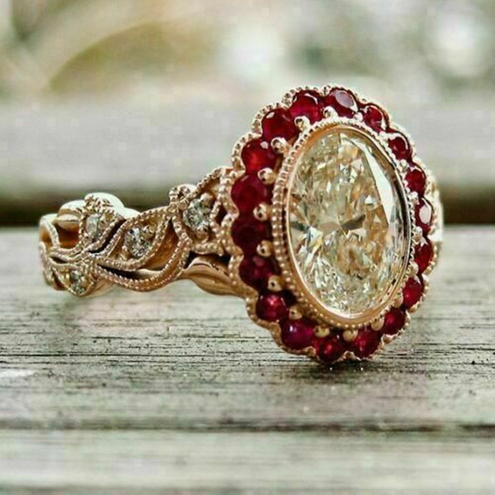8*6MM Oval With Round Ruby CZ Stone Antique Art Deco Engagement Ring ...