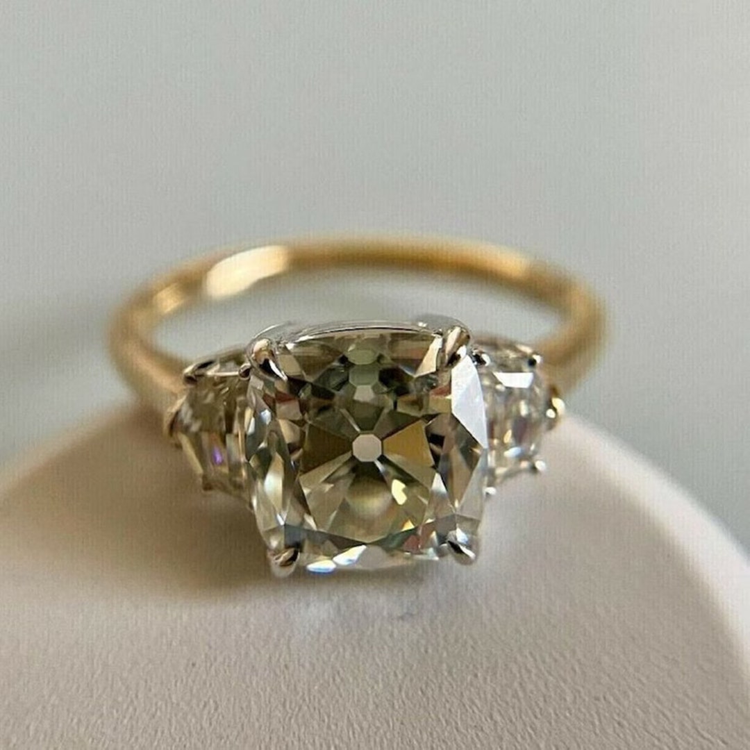 Vintage Style Three Stone Ring, Old Mine & Fancy Cut CZ Stone Ring for ...