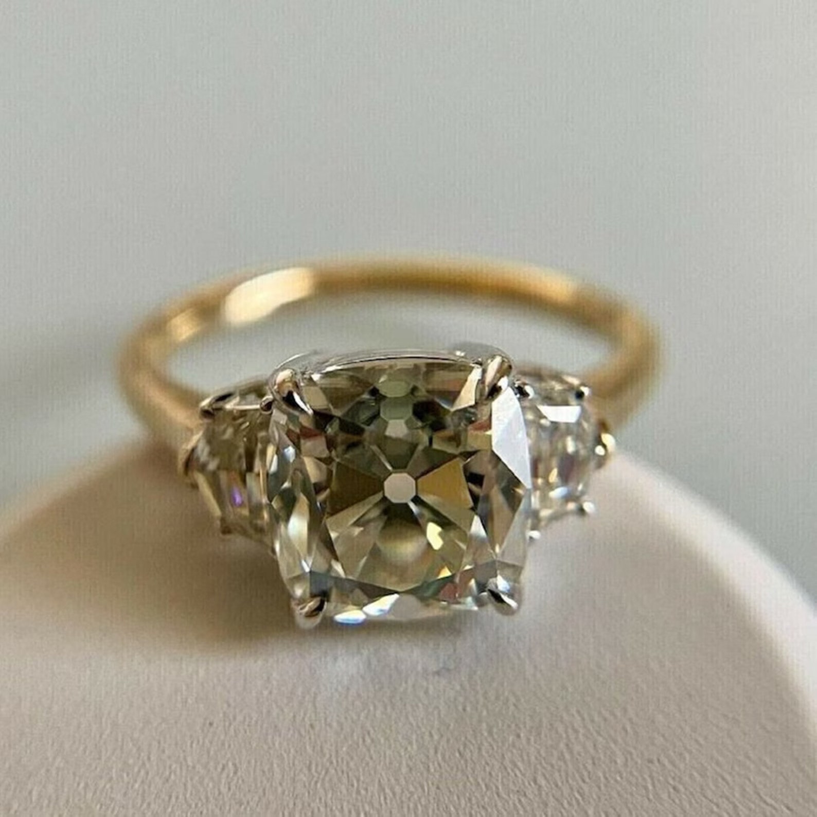 Vintage Style Three Stone Ring, Old Mine & Fancy Cut CZ Stone Ring for ...