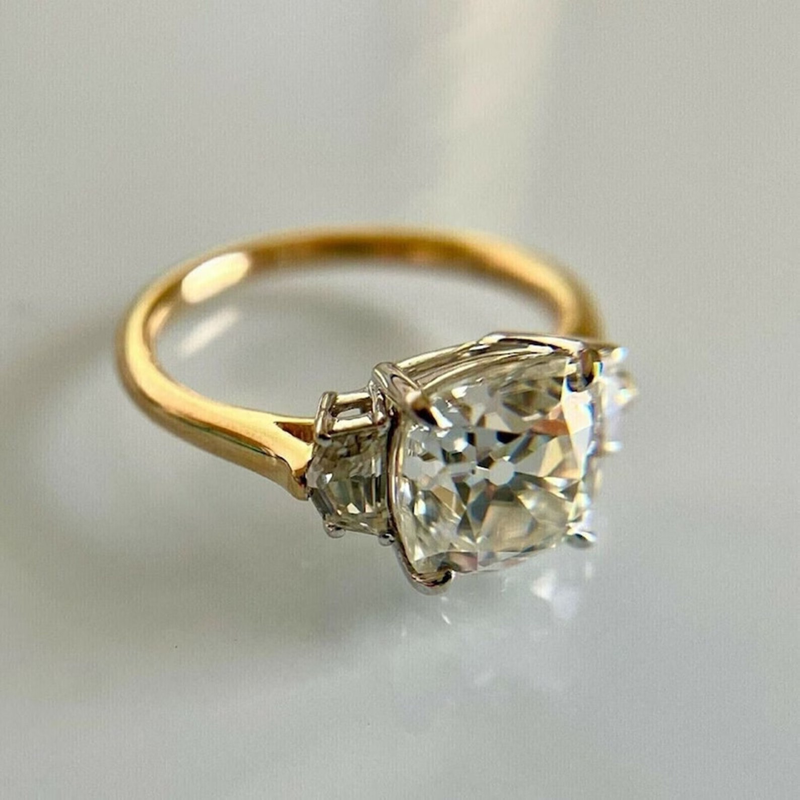 Vintage Style Three Stone Ring, Old Mine & Fancy Cut CZ Stone Ring for ...