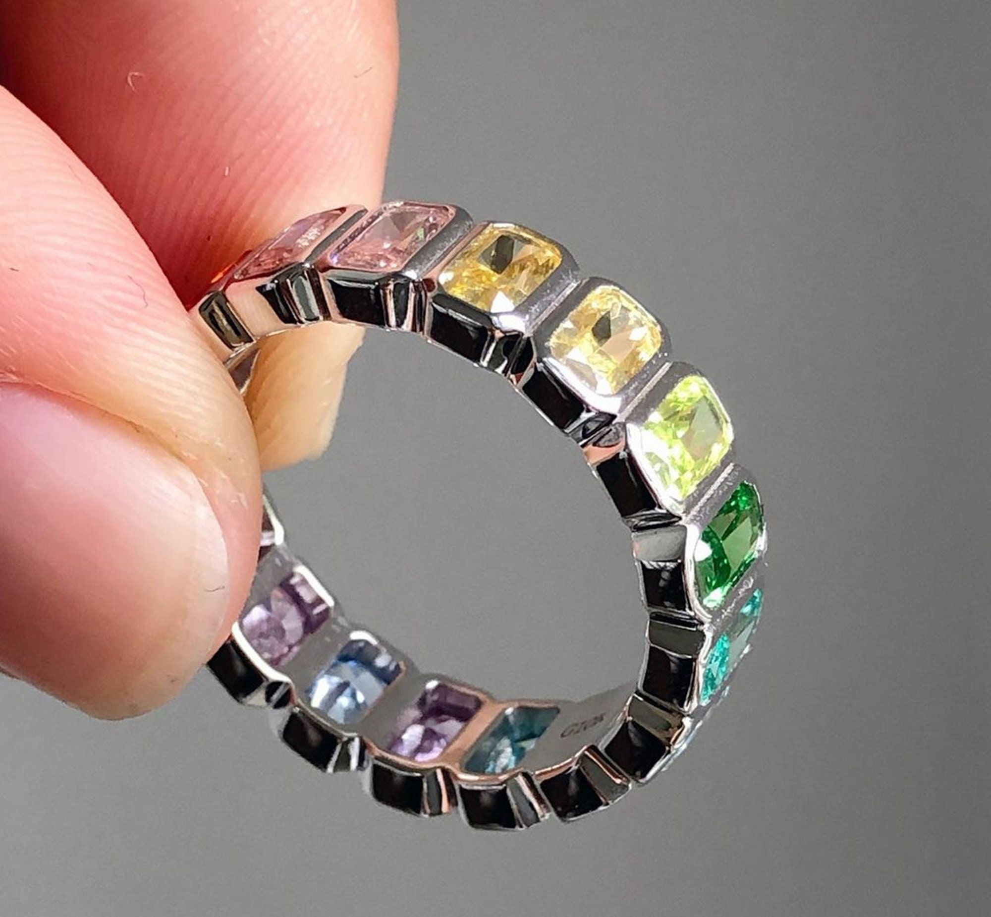 Stunning Multi Gemstone Band, Multi Color Radiant Cut CZ Stone Full ...