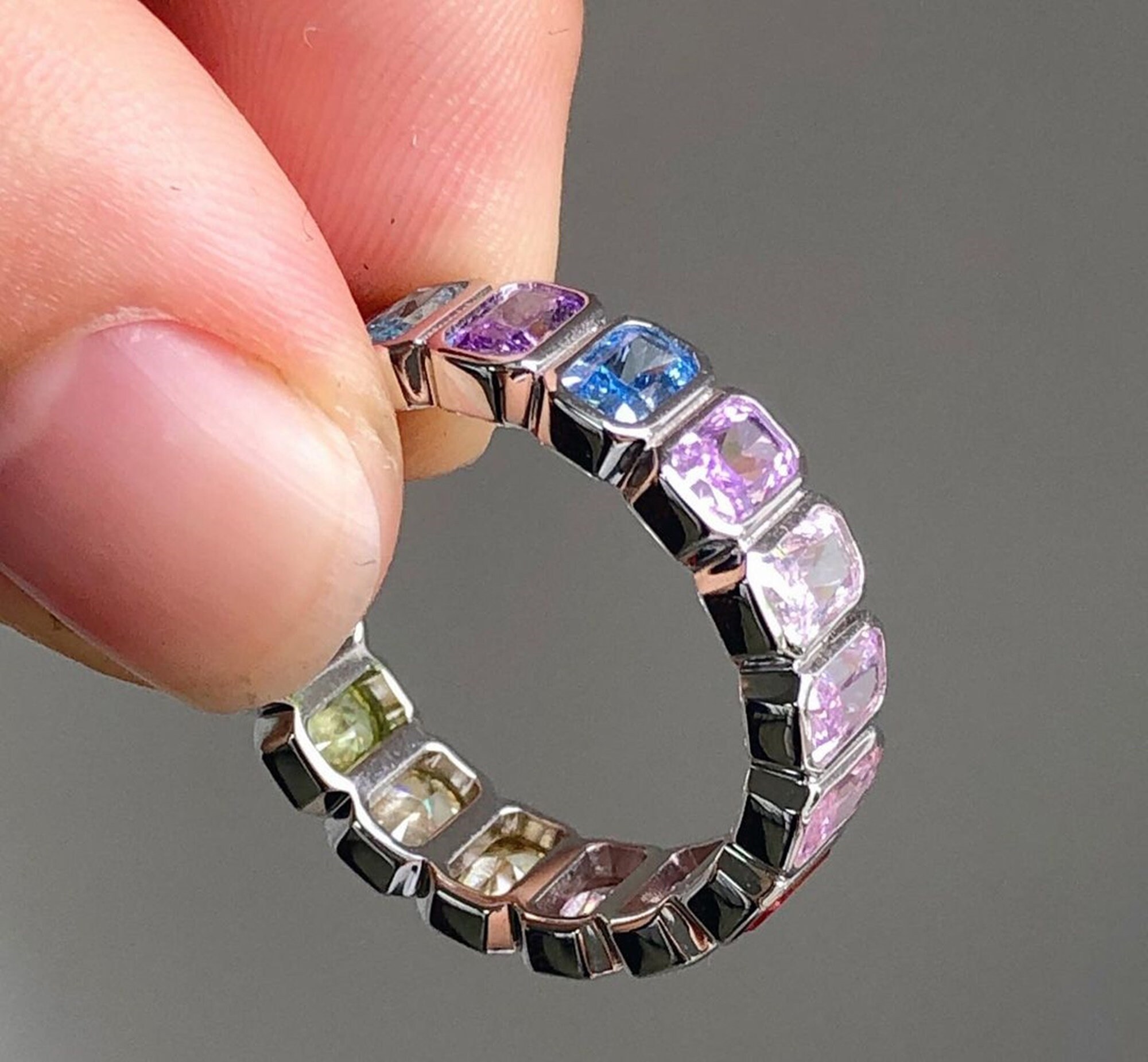 Stunning Multi Gemstone Band, Multi Color Radiant Cut CZ Stone Full ...