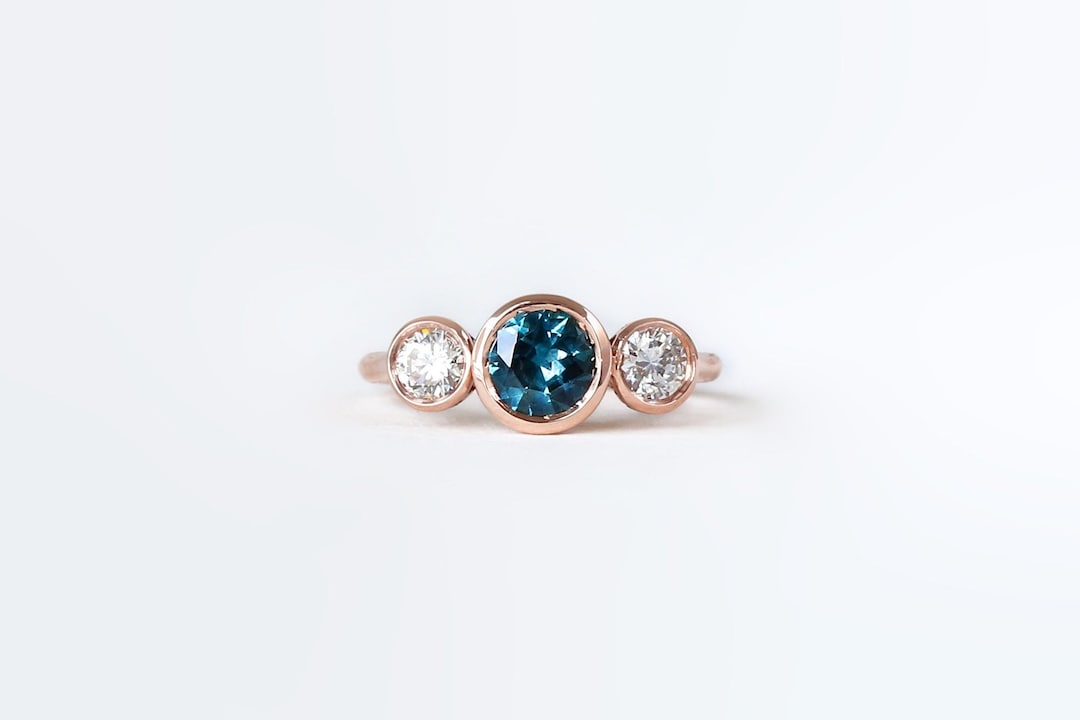 Three Stone Bezel Set Ring, Sapphire & White Round Cut CZ Stone Wedding ...