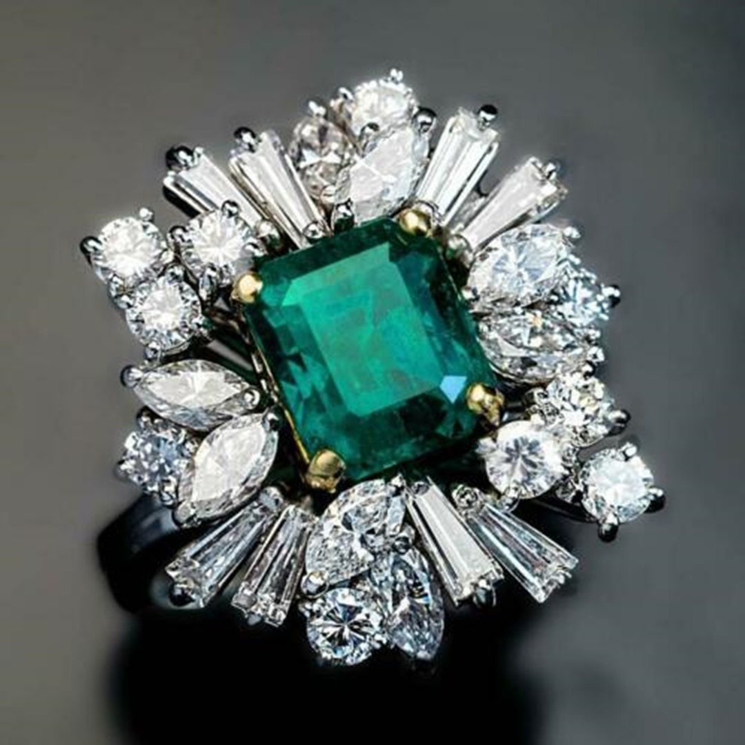 Green Emerald Cut Diamond Ring / Baguette & Round Cut Diamond Ring ...