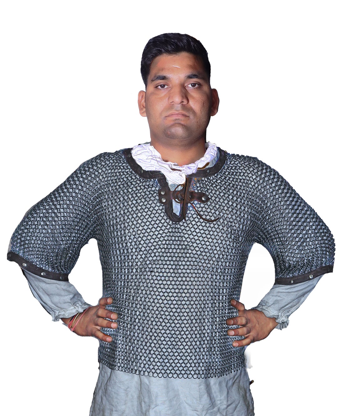Chainmail Butted Hood Iron With Leather Trimmed, Medieval Chainmail ...
