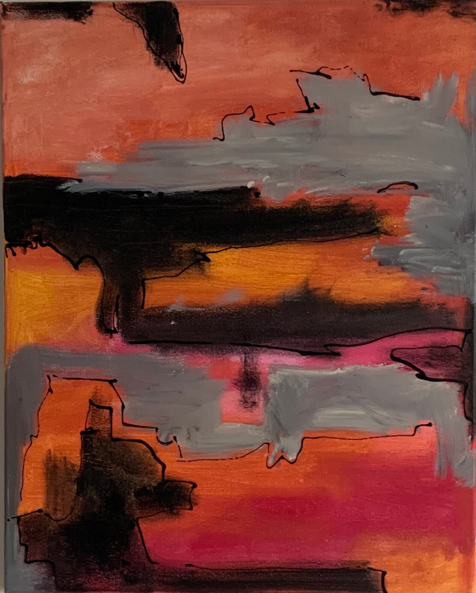 Rustic Abstract Painting in Black, Red, Orange, Grey and Yellow ...