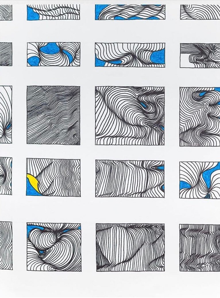 Blue Yellow and Black Abstract Line Art Drawing on 18x24 Inch Mixed ...