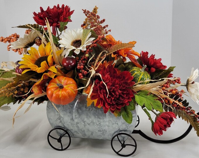 Burgundy Fall Mums & Sunflowers in Metal Pumpkin Wagon, Rustic ...