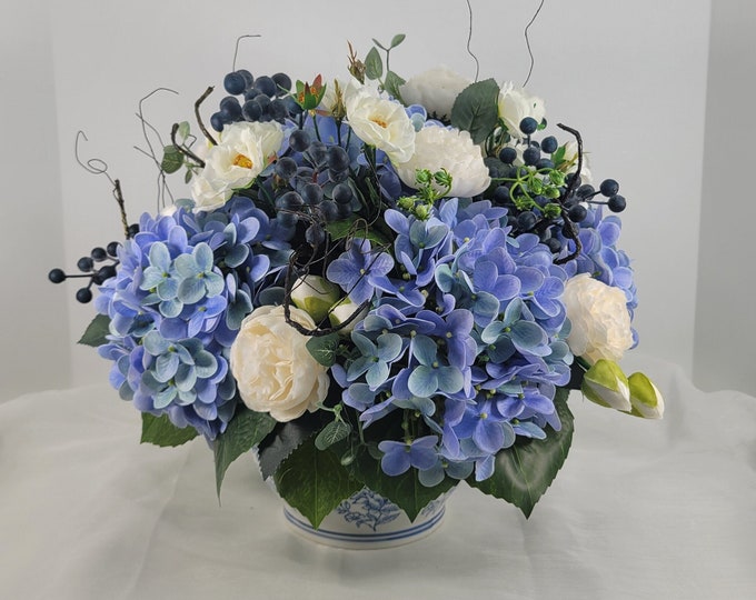 Blue Real Touch Hydrangeas & White Cabbage Roses-silk Centerpiece for Dining Table- Blue and ...