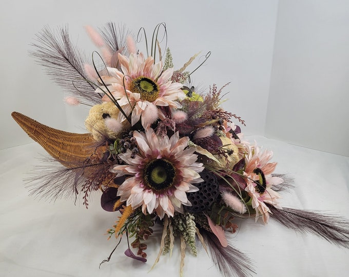 Modern Farmhouse Fall Cornucopia Centerpiece, Pink Sunflowers and Plum ...