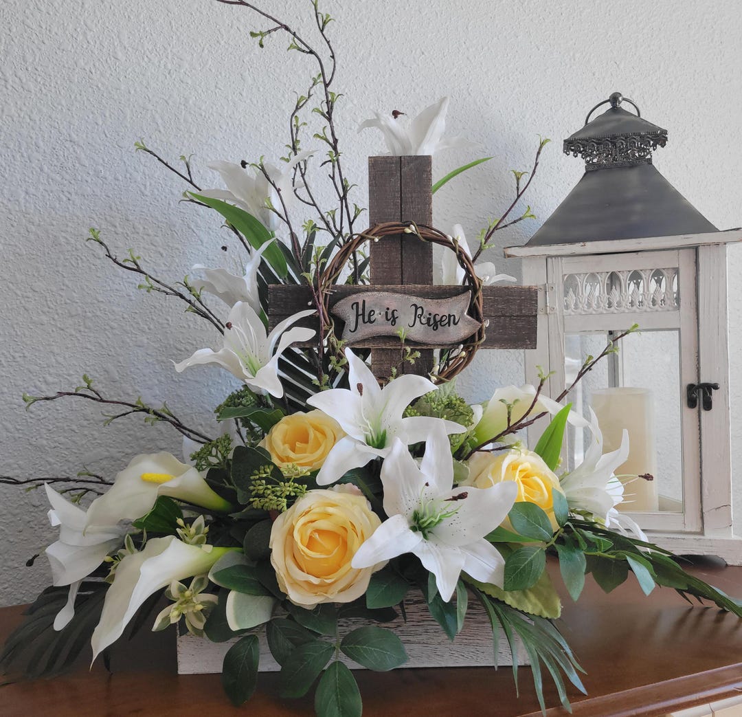 Easter Floral Centerpiece: Cross, White Lilies & 'he is Risen' Church ...