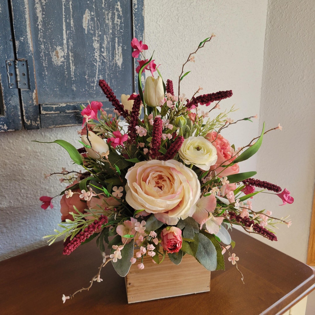 Rustic Farmhouse Spring Floral Centerpiece: Handcrafted Pink & Burgundy ...