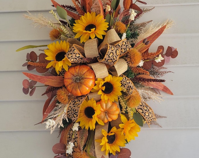 Autumn Leopard Bow Swag: Handmade Fall Door Decor With Pumpkins ...