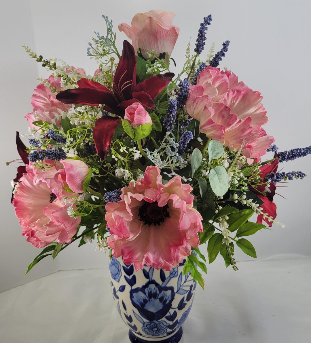 Pink Poppy Arrangement in Blue & White Vase: Tall Handmade Artificial ...