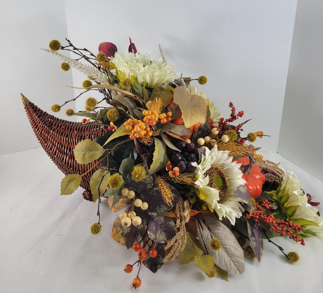 Large Elegant Autumn Cornucopia With Ivory Sunflowers and Pumpkins Fall ...