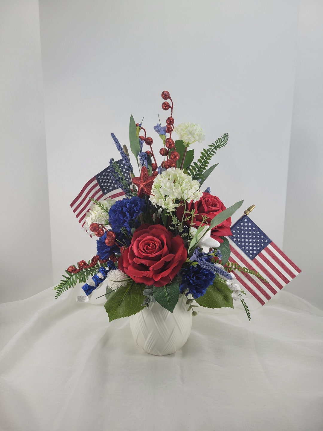 Patriotic Floral Centerpiece: Red Roses, Blue Carnations, White ...