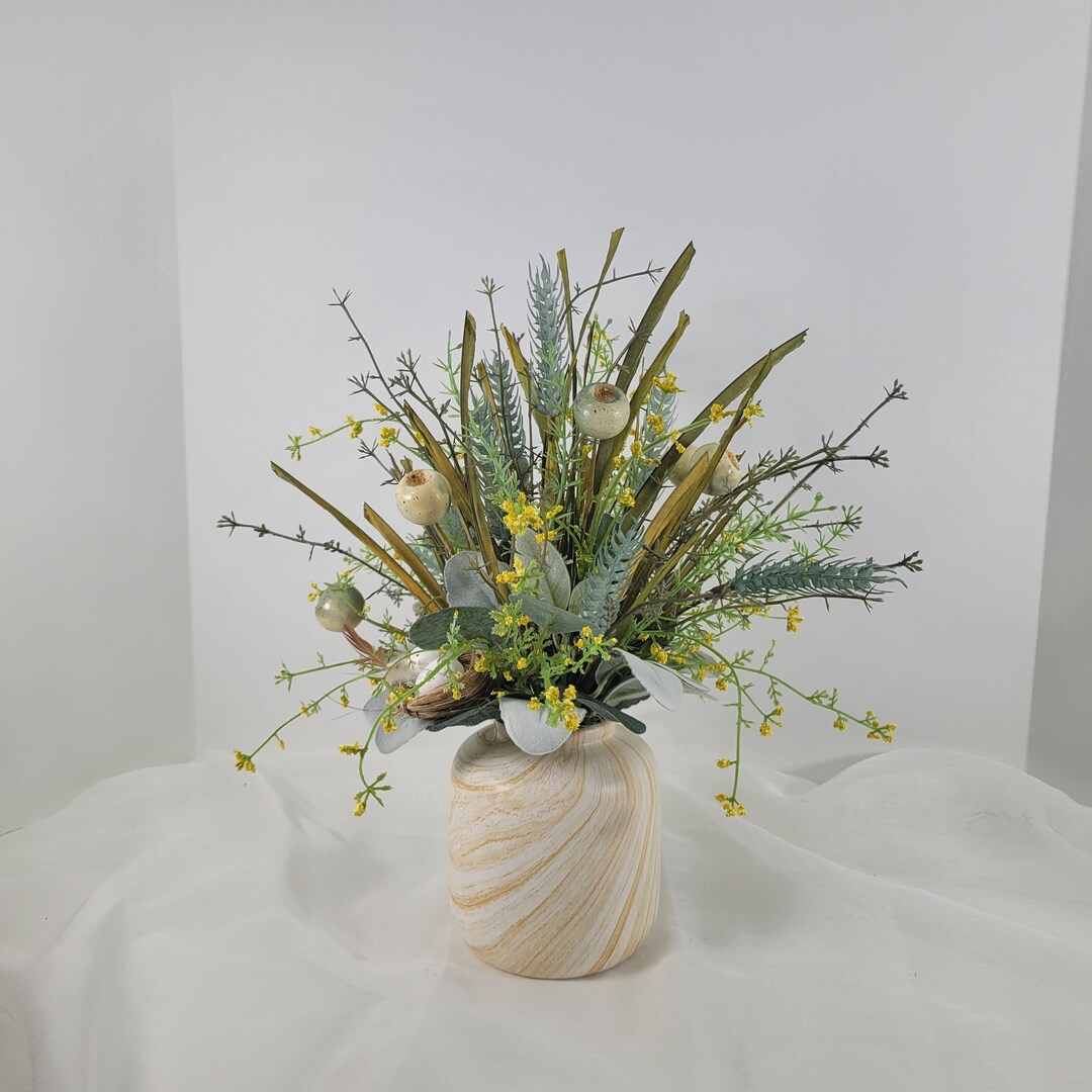 Wispy Spring Centerpiece in Modern Pottery Vase, Artificial Greenery ...