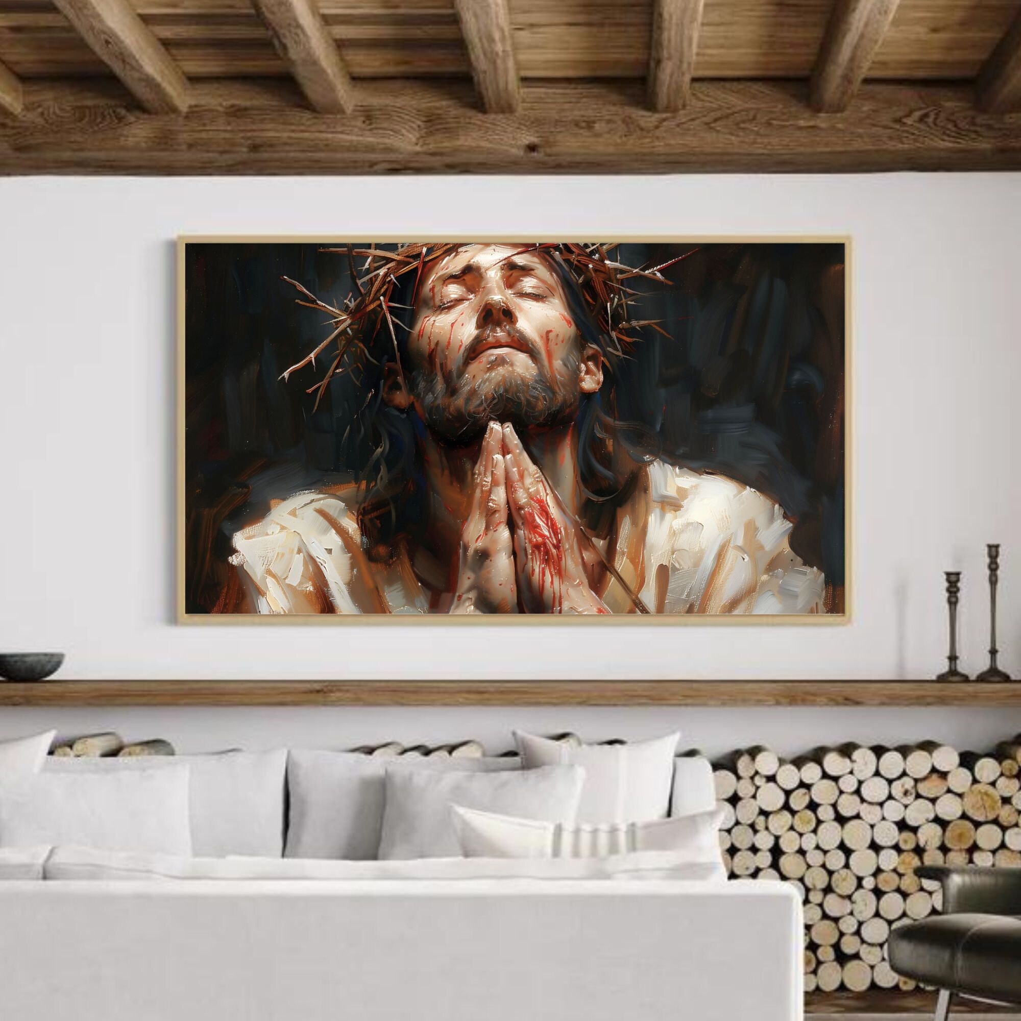 Jesus Frame Tv Jesus Praying With Crown of Thorns Portrait, Spiritual ...