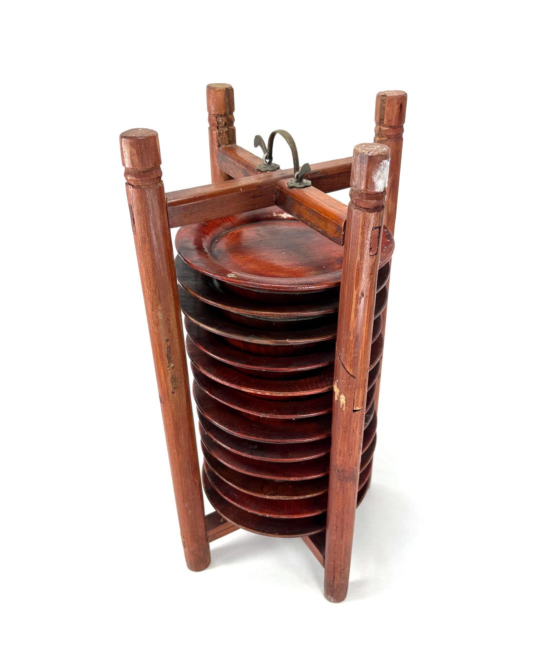A Vintage Portable Chinese Wooden Plate Carrier With 12 Wooden Plates ...