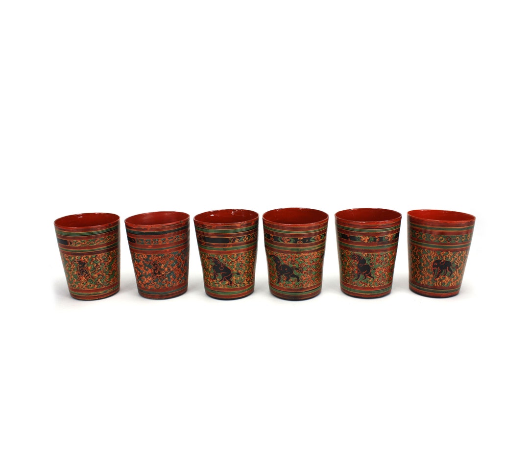 Antique Burmese Lacquer Set of 6 Drinking Cups, Yun Elephant Design ...