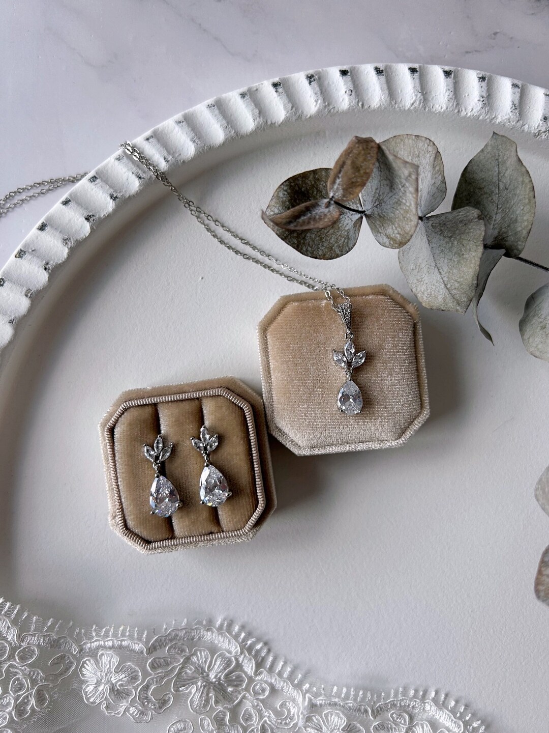 VENUS Set- Floral Drop Bridal Jewelry Set Silver / Wedding Necklace ...