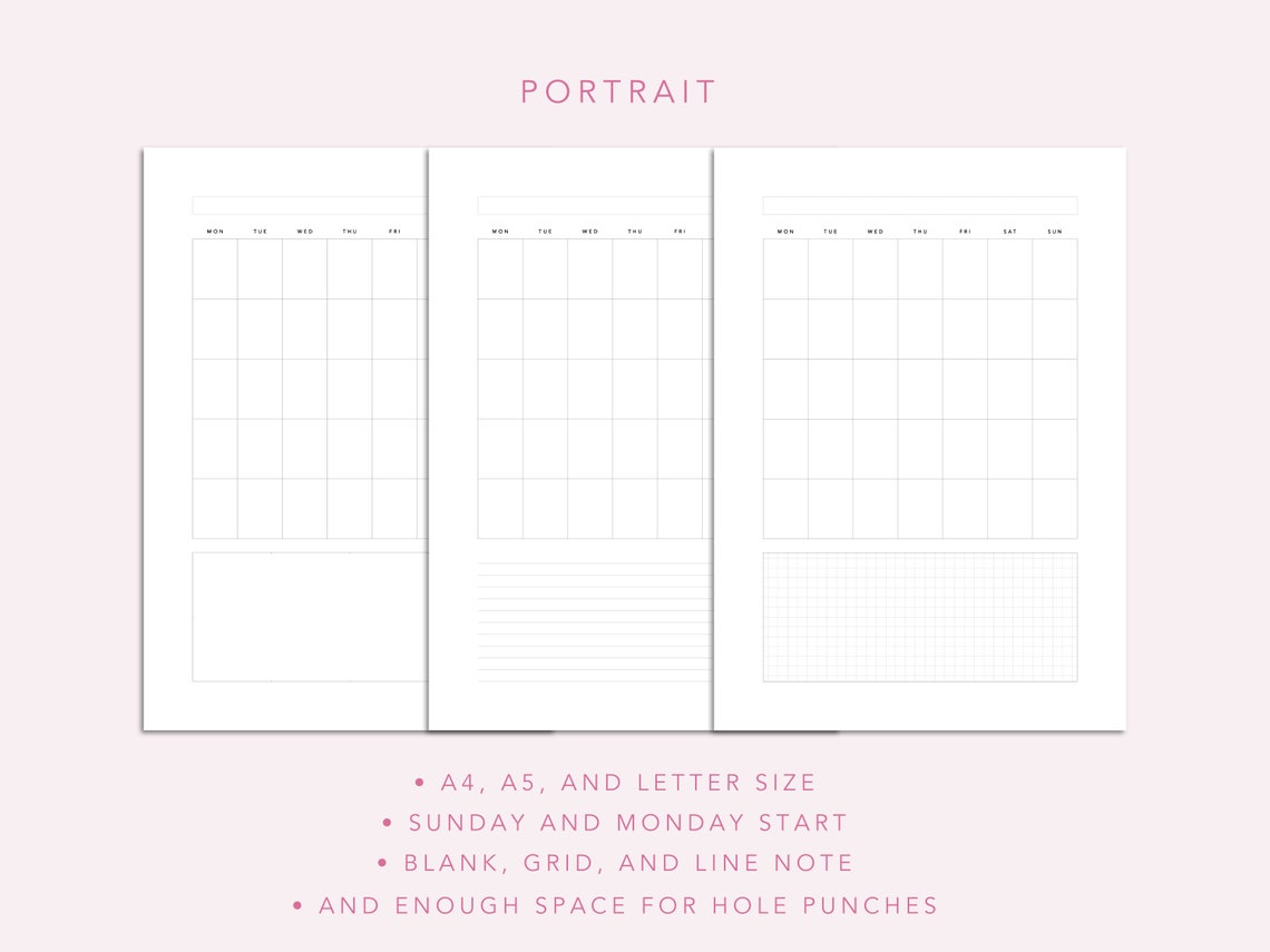 Printable Template, Blank Monthly Calendar With Note Section, Portrait ...