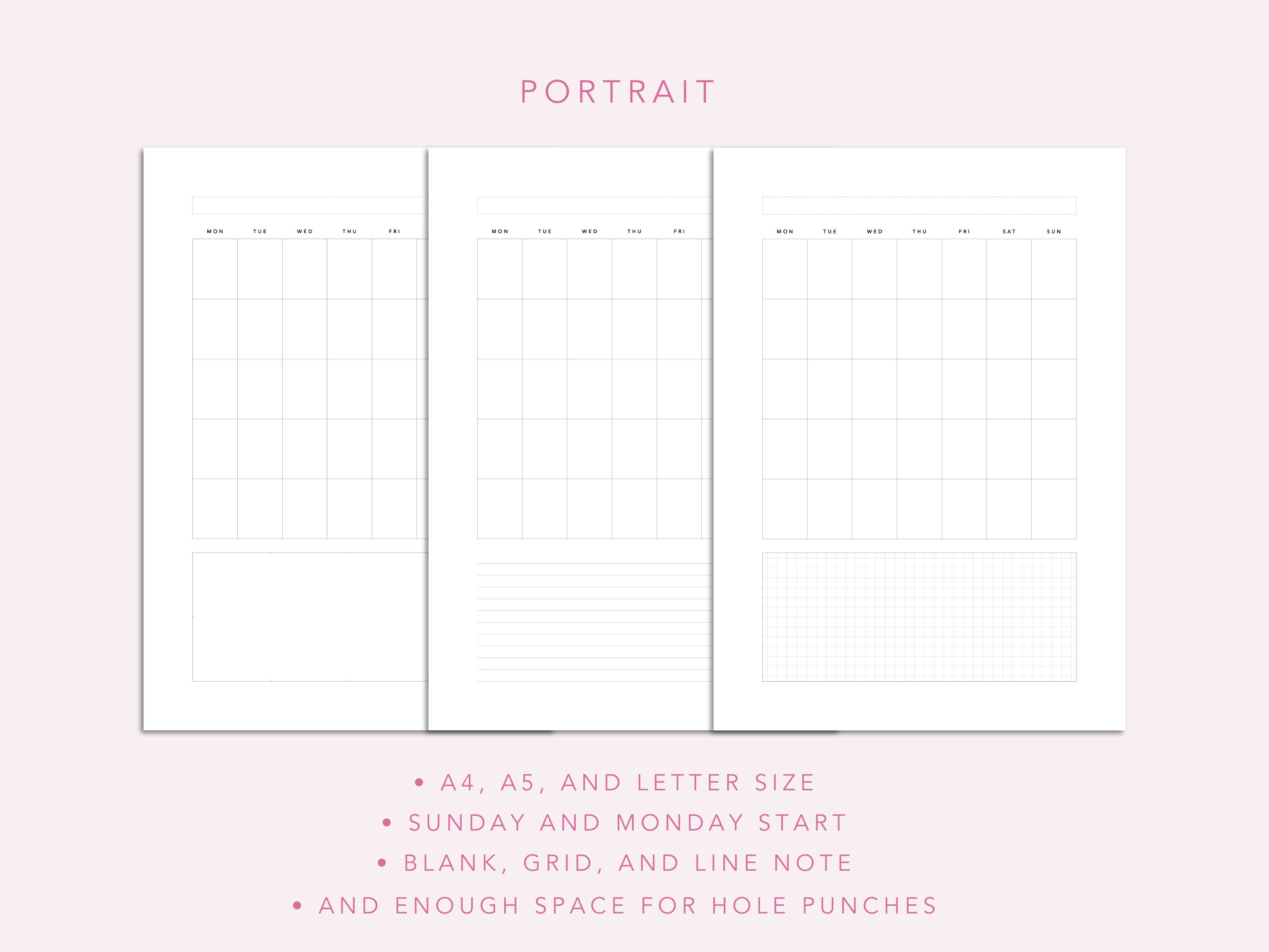 Printable Template, Blank Monthly Calendar With Note Section, Portrait ...
