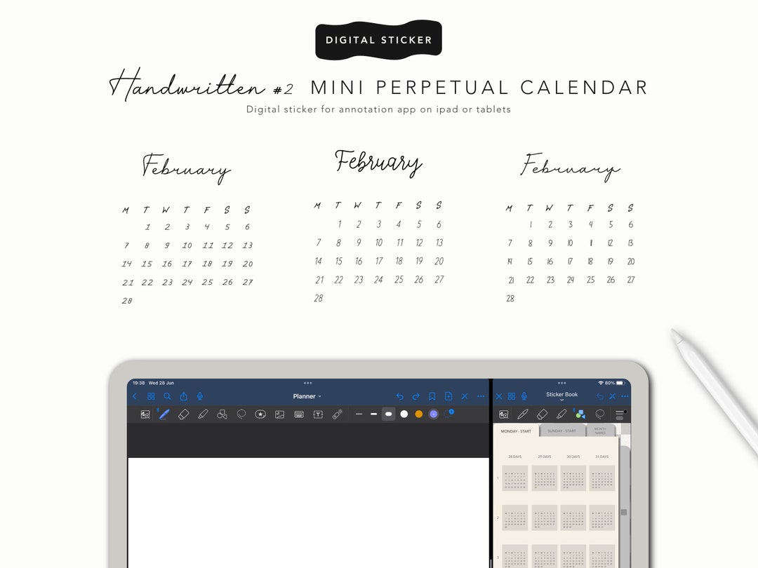 Handwritten Mini Calendar Digital Stickers: Perpetual Planner (PNG ...