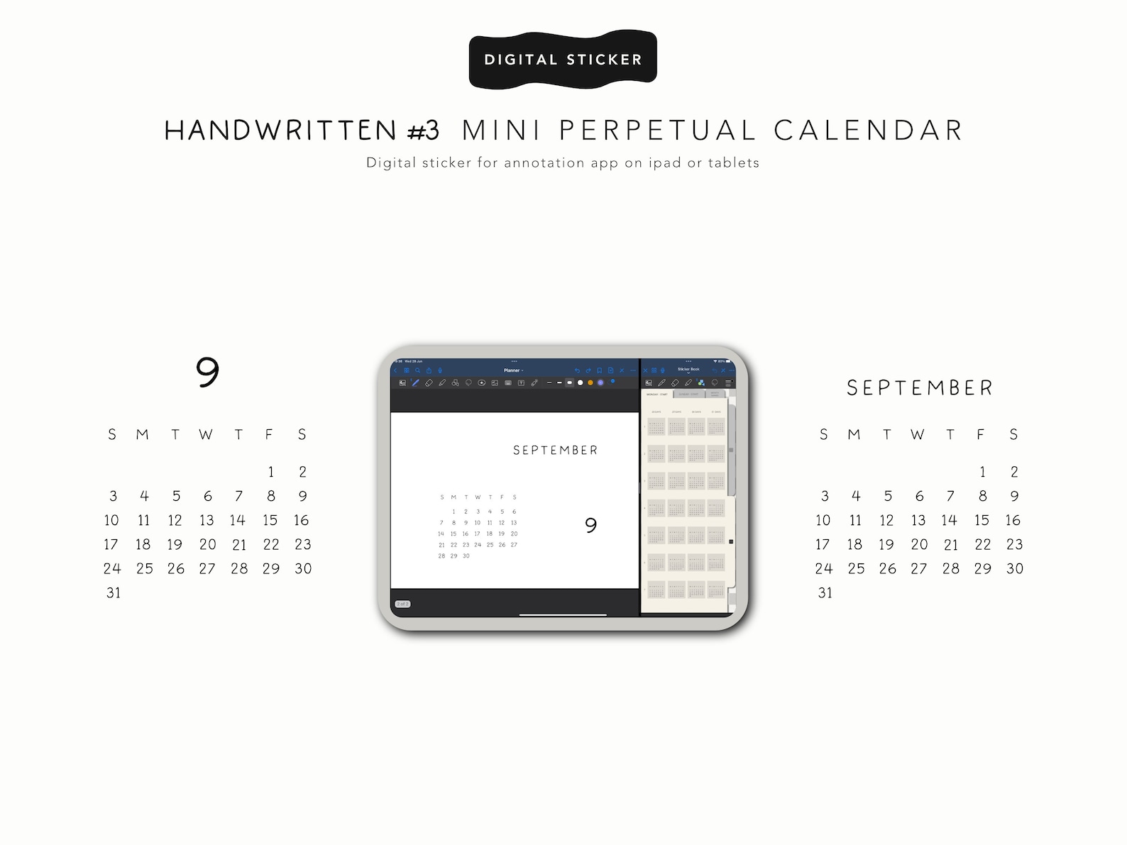 Handwritten Font Perpetual Mini Calendar Digital Stickers, Mini ...