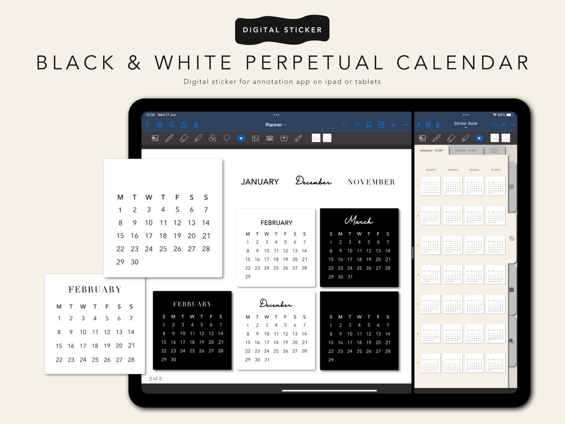 Perpetual Calendar Digital Stickers, Mini Calendar Digital Stickers ...