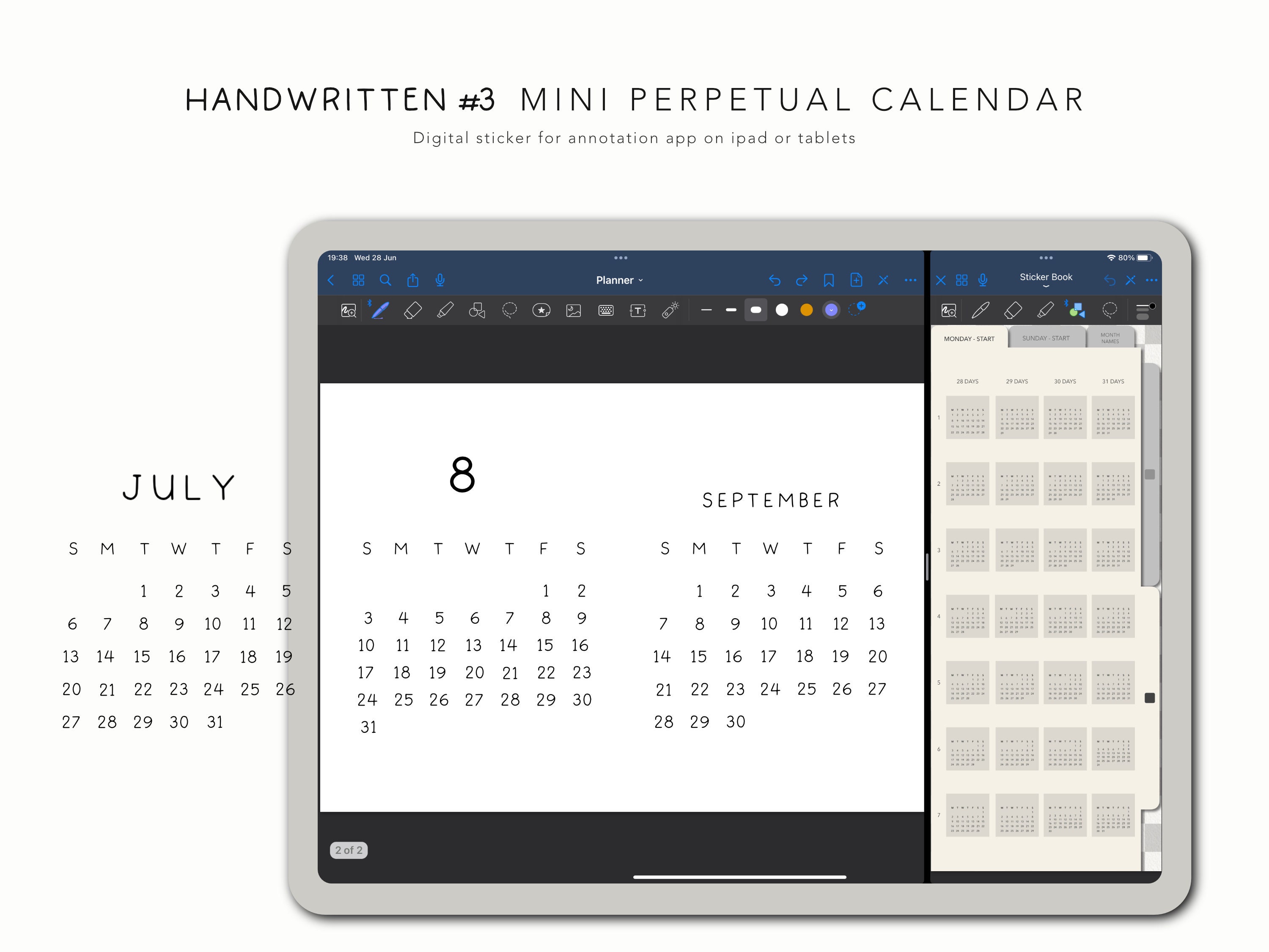 Handwritten Font Perpetual Mini Calendar Digital Stickers - Etsy