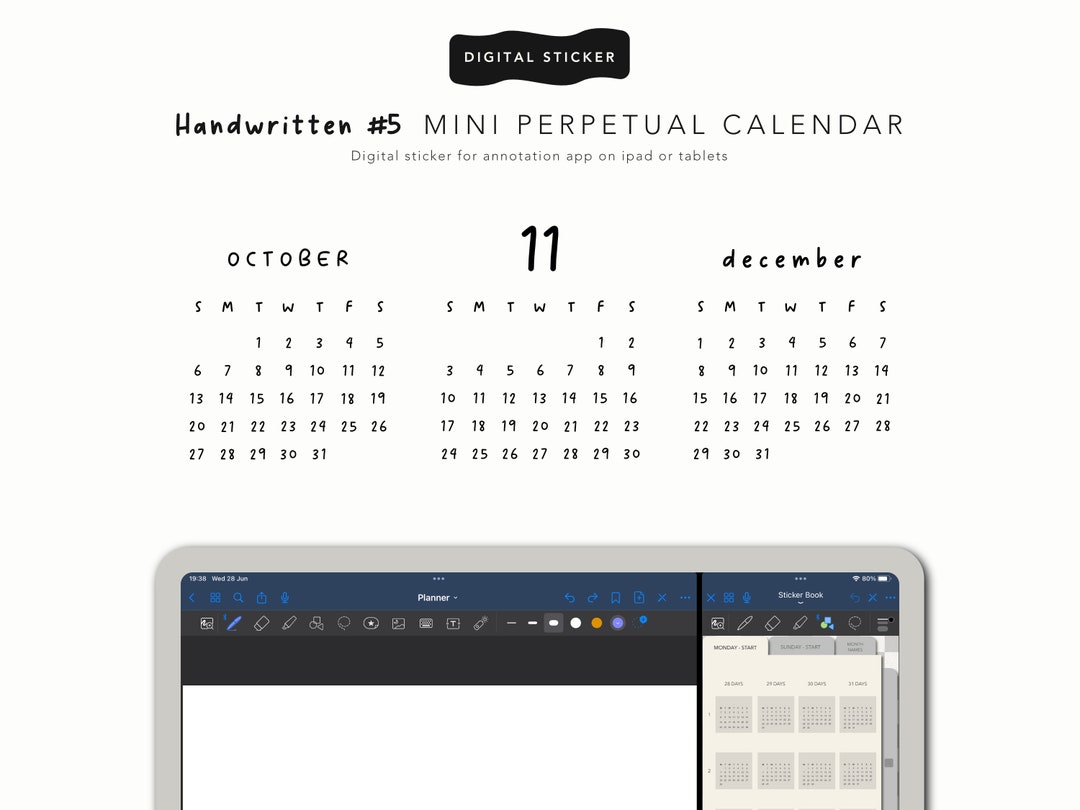 Handwritten Mini Calendar Digital Stickers: Perpetual Planner (PNG ...