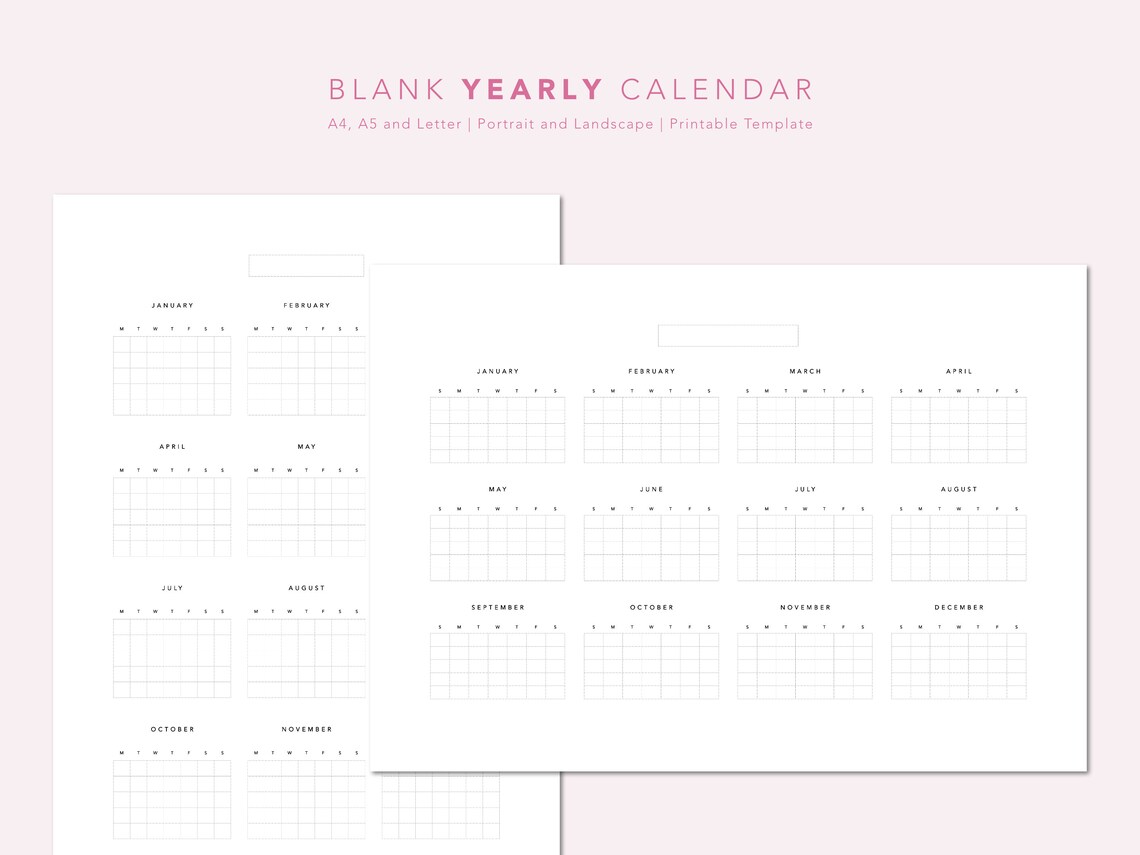 Blank Yearly Calendar, Blank Calendar Printable Template, Portrait ...