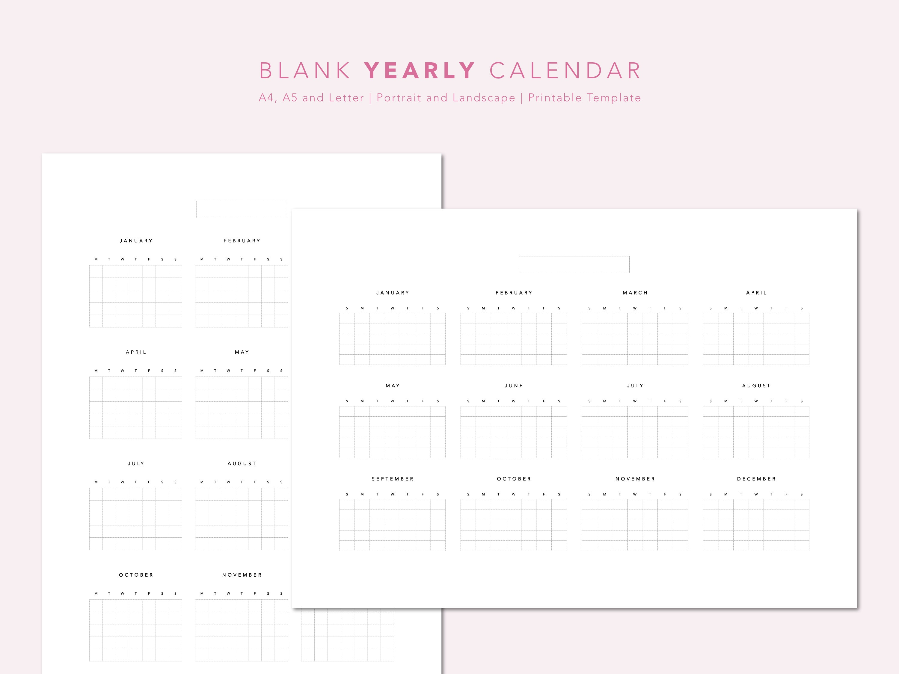 Blank Yearly Calendar, Blank Calendar Printable Template, Portrait ...