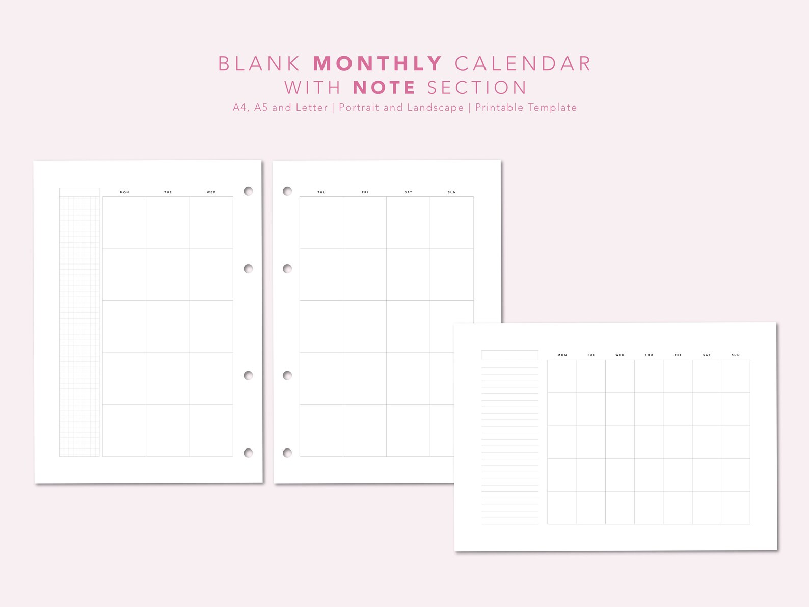 Printable Template, Blank Monthly Calendar With Note Section, Portrait ...