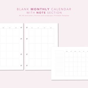 Printable Template, Blank Monthly Calendar With Note Section, Portrait ...