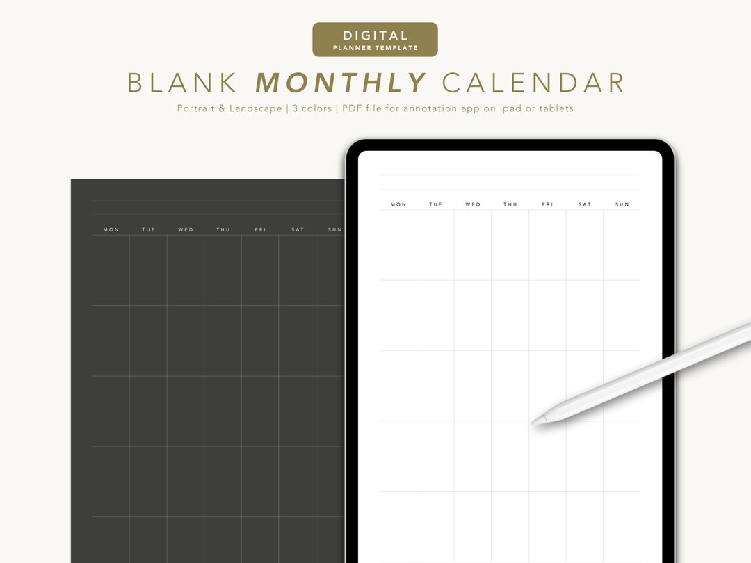 Digital Template, Blank Monthly Calendar, Portrait Blank Calendar ...