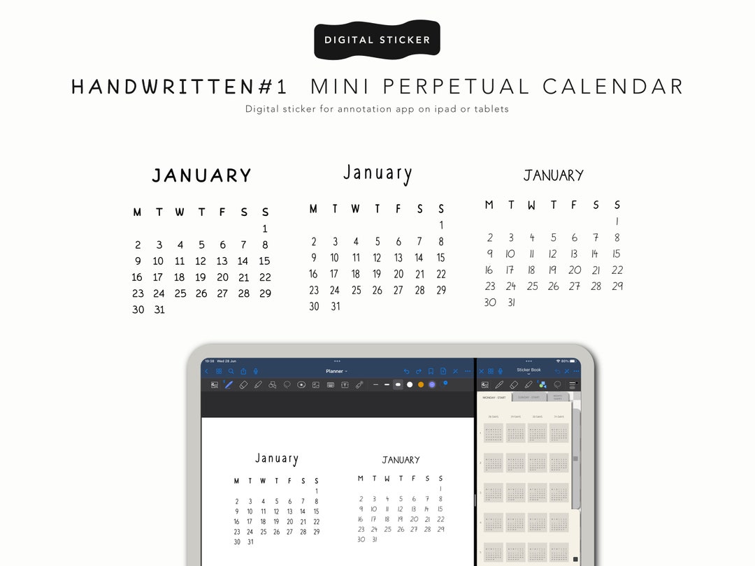 Handwritten Font Perpetual Mini Calendar Digital Stickers, Mini ...