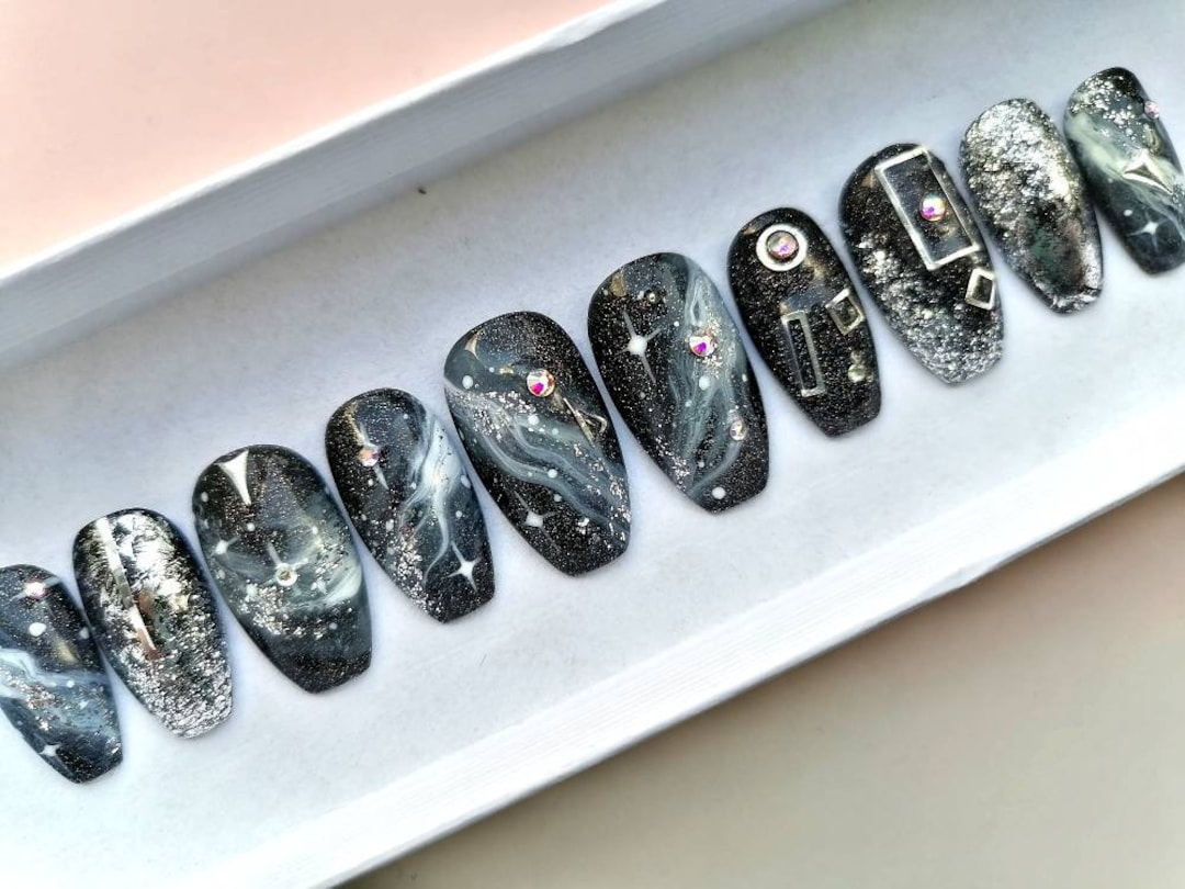 Galaxy Black Glitter Fake Nails Stars False Nails Nebula Press on Nails ...