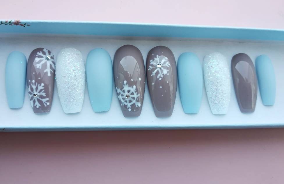 Winter Snowflakes Nail Set Glitter Swarovski Crystal Nails | Etsy